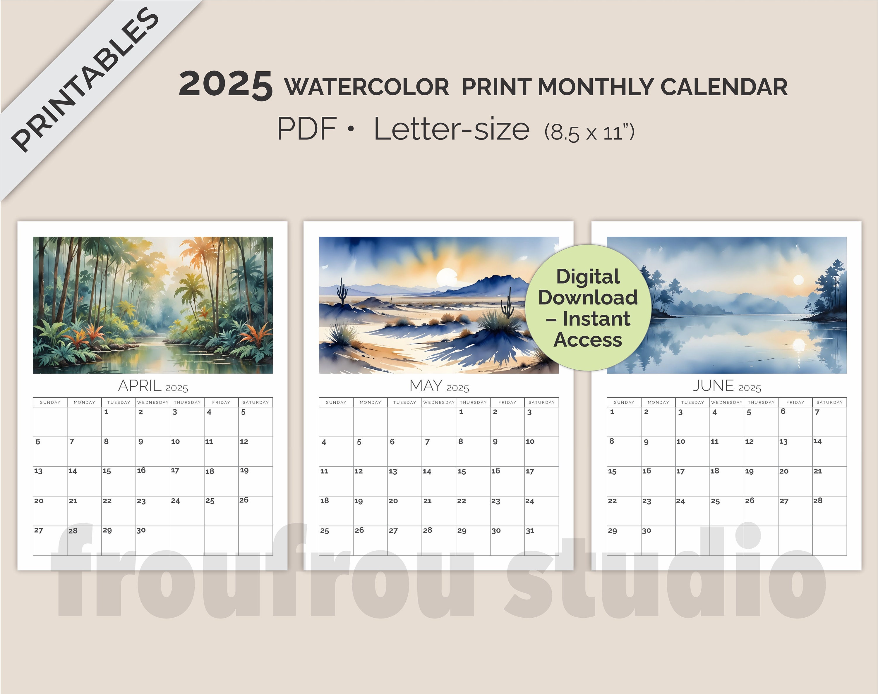 2025 MONTLHY Calendar With Watercolor Landscape Prints Printable 2025 ...
