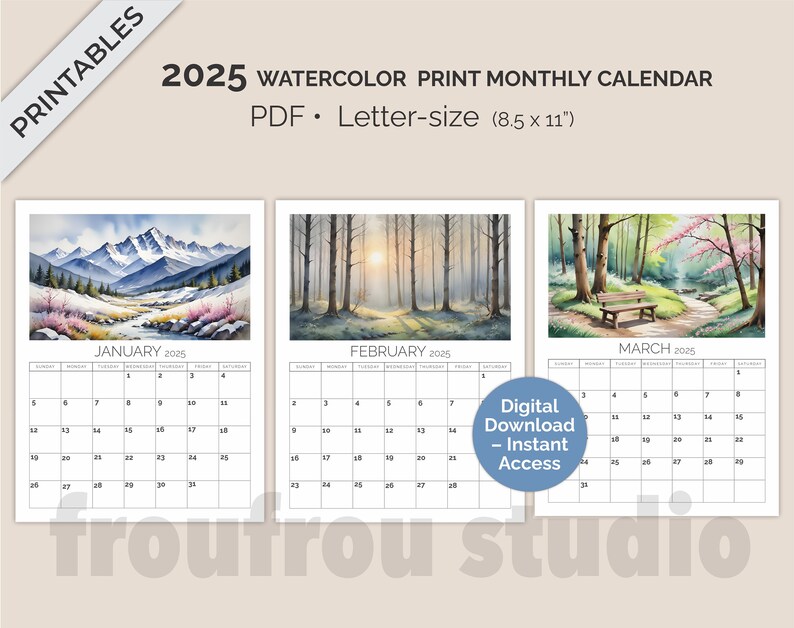 2025 MONTLHY Calendar With Seasonal Theme Landscape Watercolor Prints ...