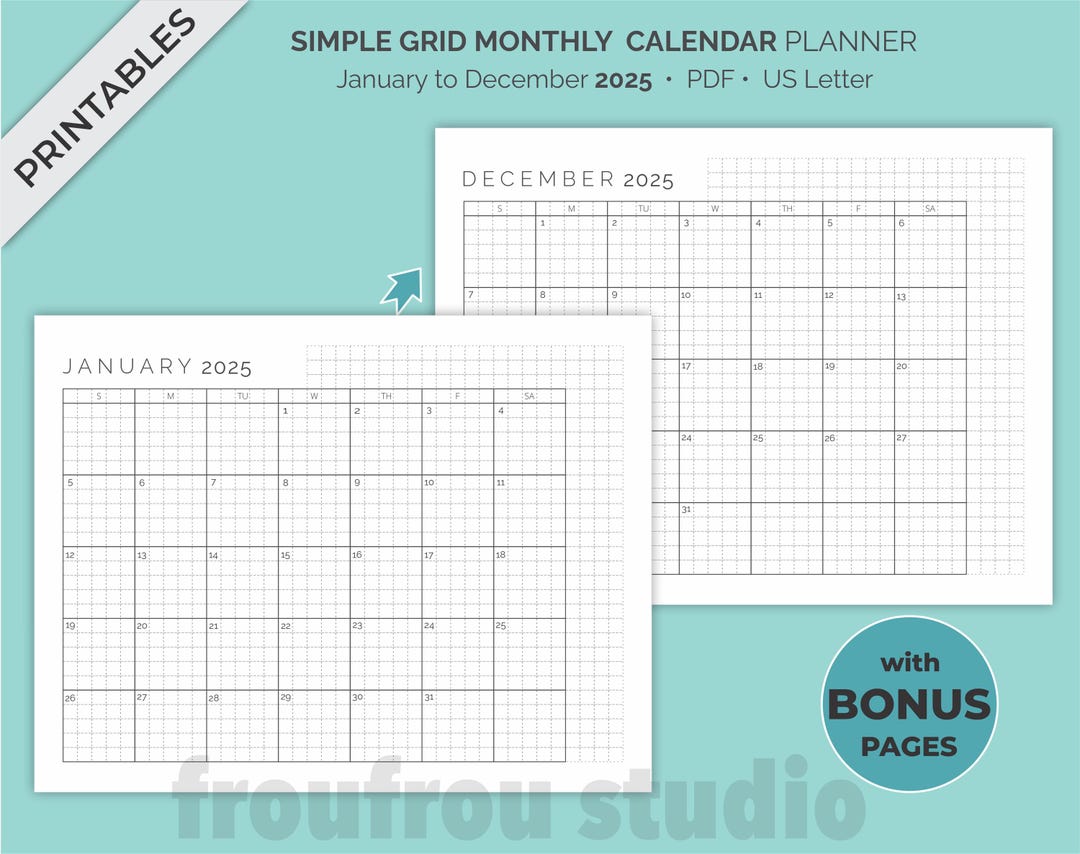 Simple Grid 2025 Monthly Desk Calendar Planner january Dec 2025 Lined ...