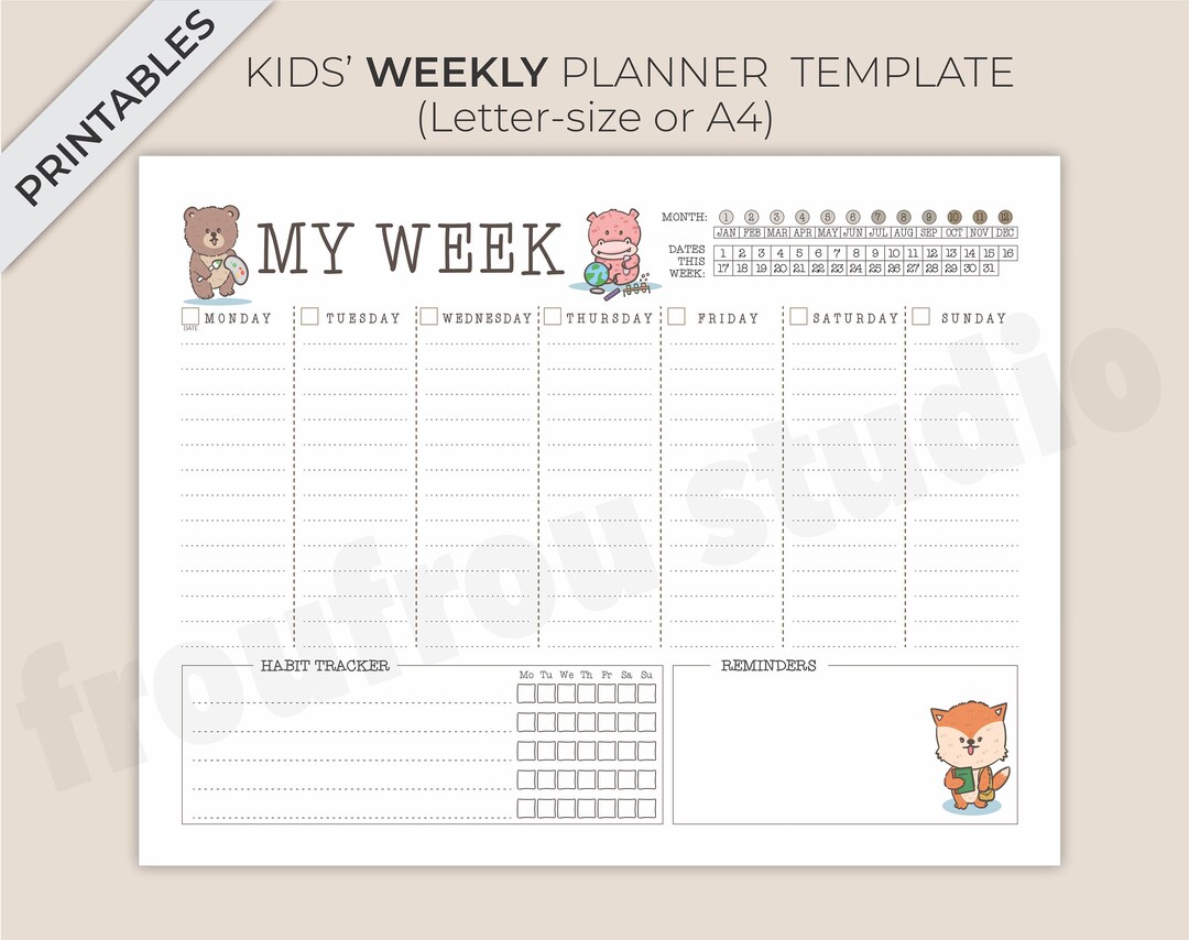 Kids' Weekly Planner Printable Template Instant Download Kids Weekly ...
