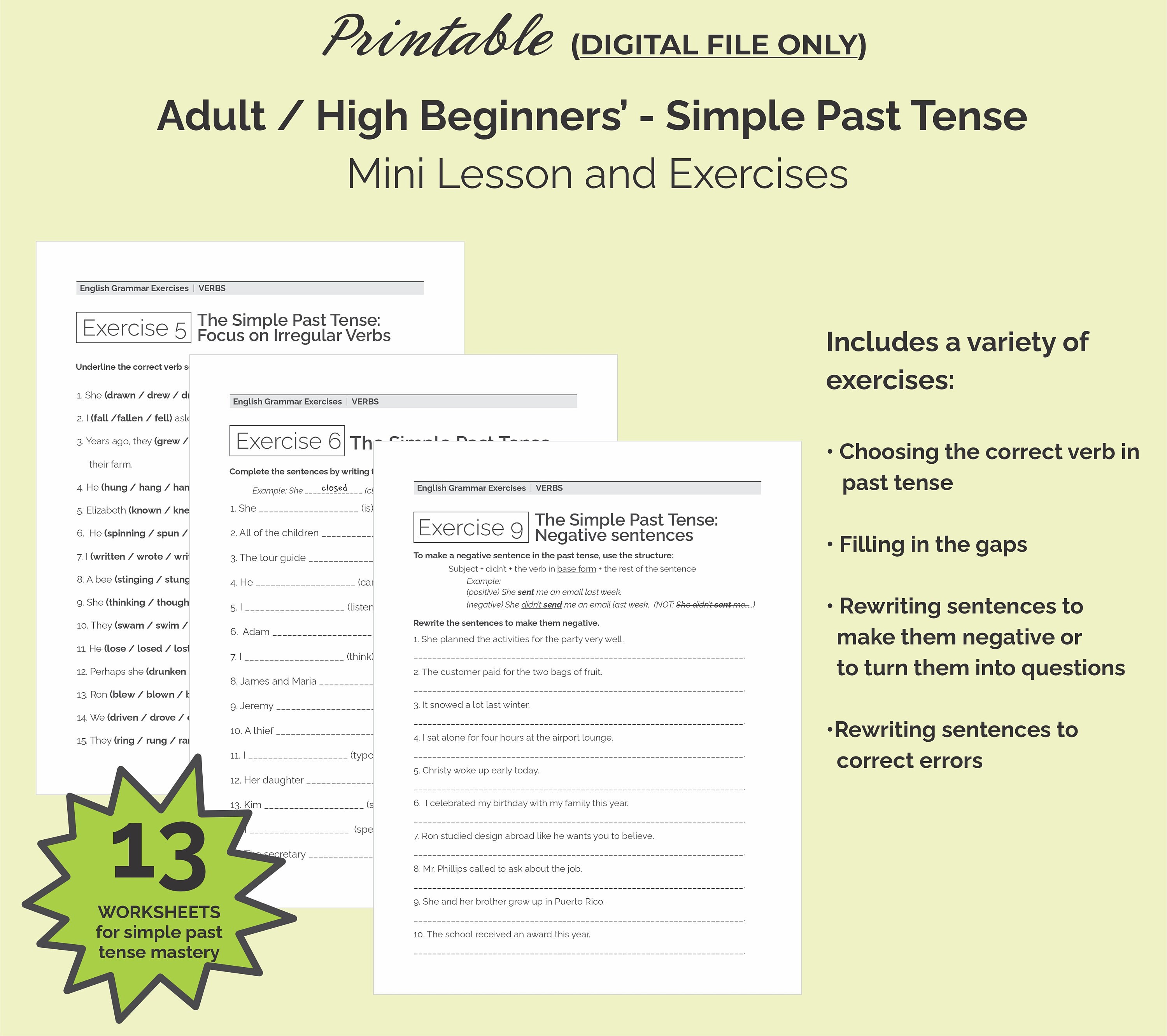 Simple Past Tense for Adult ESL Learners / Past Tense High Beginners ...