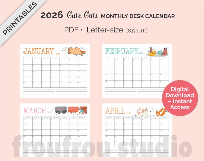 Printable Cats 2026 Monthly Calendar | 2026 Monthly Desk Calendar ...