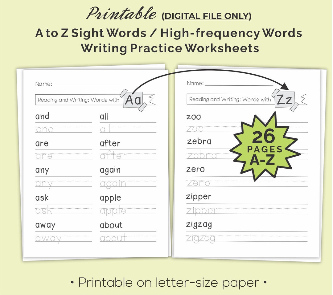 A-Z Printable Sight Words Reading and Writing, High Frequency Words ...