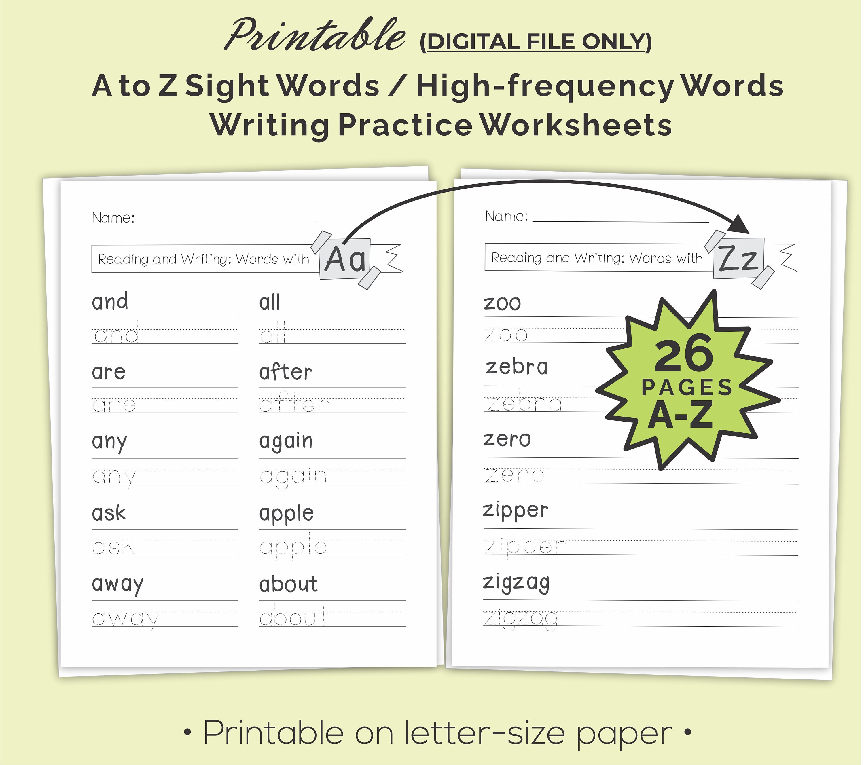 A-Z Printable Sight Words Reading and Writing, High Frequency Words ...
