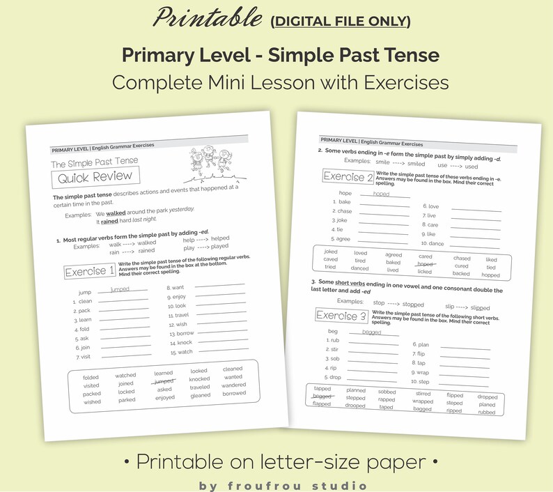 ESL Simple Past Tense Primary Level Lesson and Exercise Pack - 8 ...