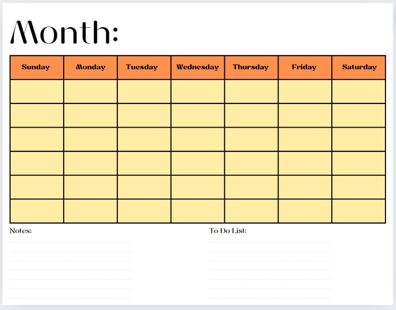 Simple Blank Monthly Calendar - Multiple Colours - Etsy