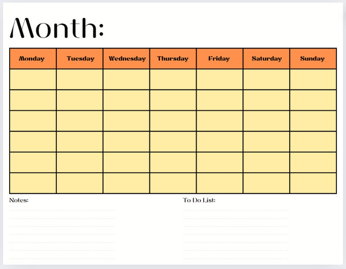 Simple Blank Monthly Calendar - Multiple Colours - Etsy