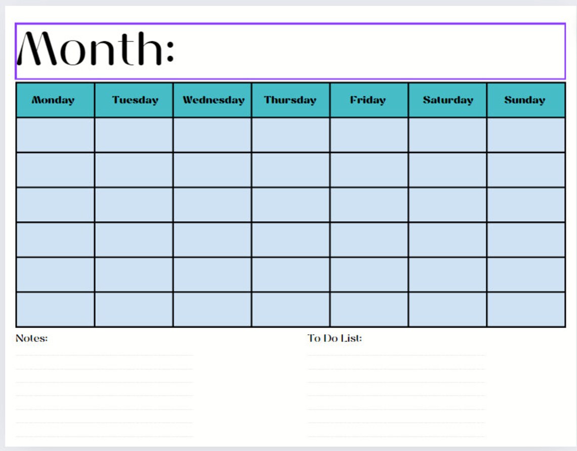 Simple Blank Monthly Calendar - Multiple Colours - Etsy