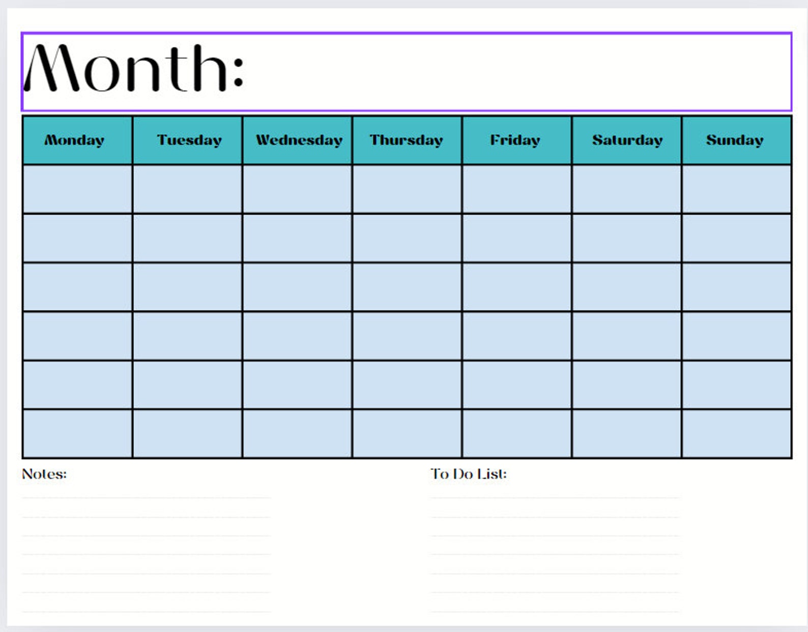 Simple Blank Monthly Calendar - Multiple Colours - Etsy