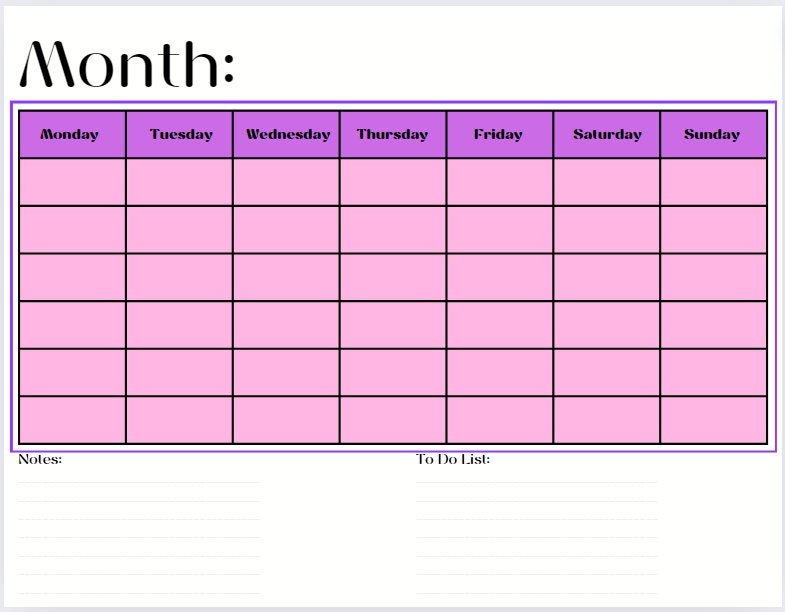 Simple Blank Monthly Calendar - Multiple Colours - Etsy
