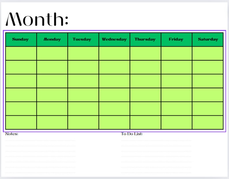 Simple Blank Monthly Calendar - Multiple Colours - Etsy