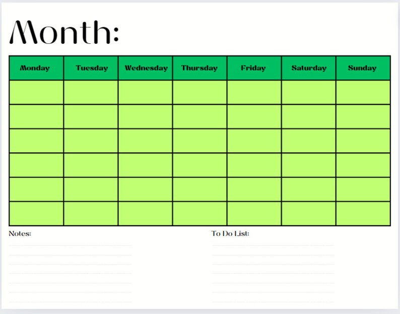 Simple Blank Monthly Calendar - Multiple Colours - Etsy