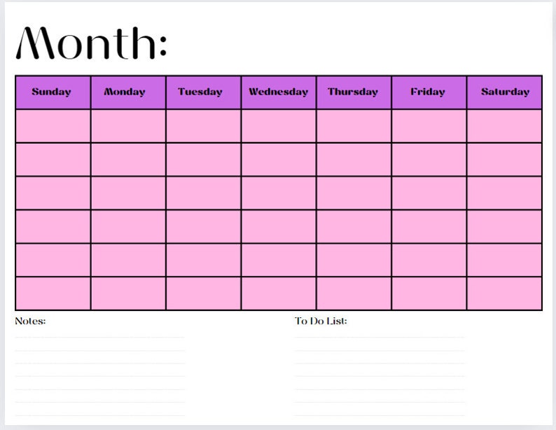 Simple Blank Monthly Calendar - Multiple Colours - Etsy