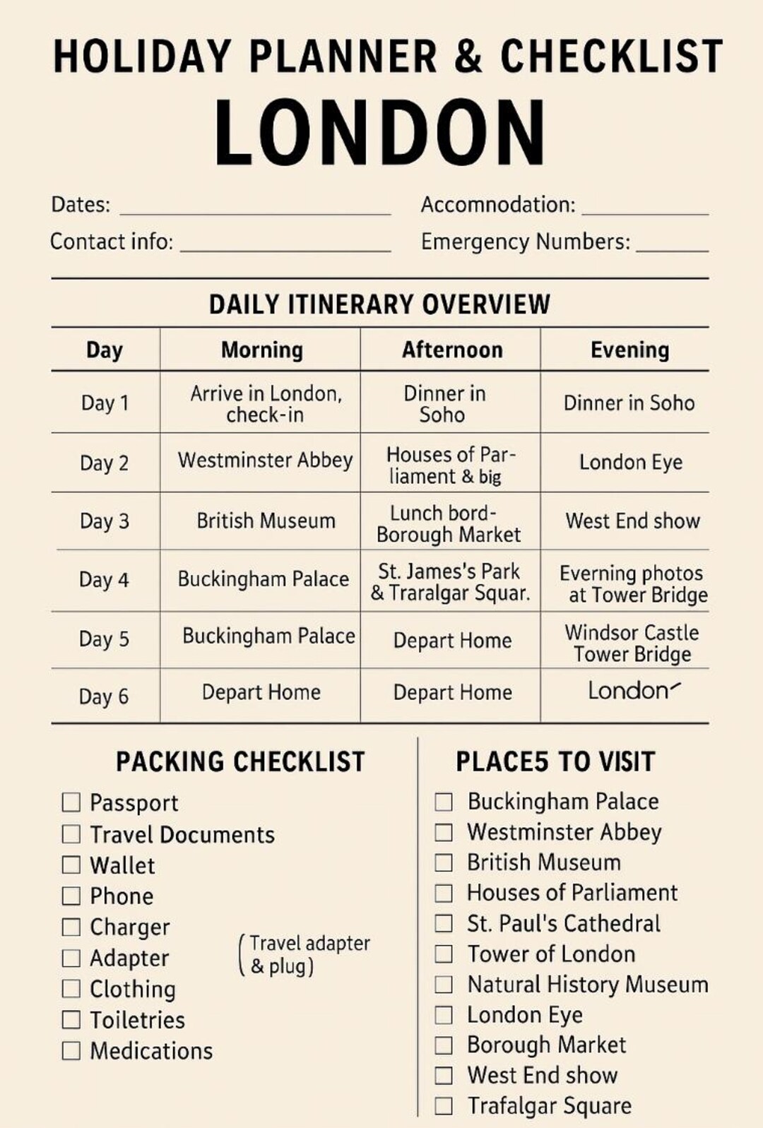 London Holiday Planner Checklist & Itinerary - Etsy