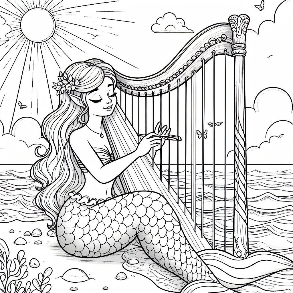 A Mermaid Playing a Harp Coloring Page. Printable Digital Coloring Page ...