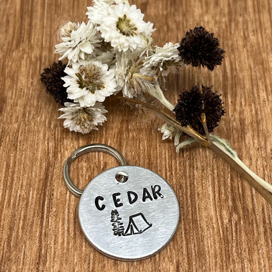 Camping Cat ID Tag, Custom Hand Stamped Tag, Personalized ID Tag, Small ...