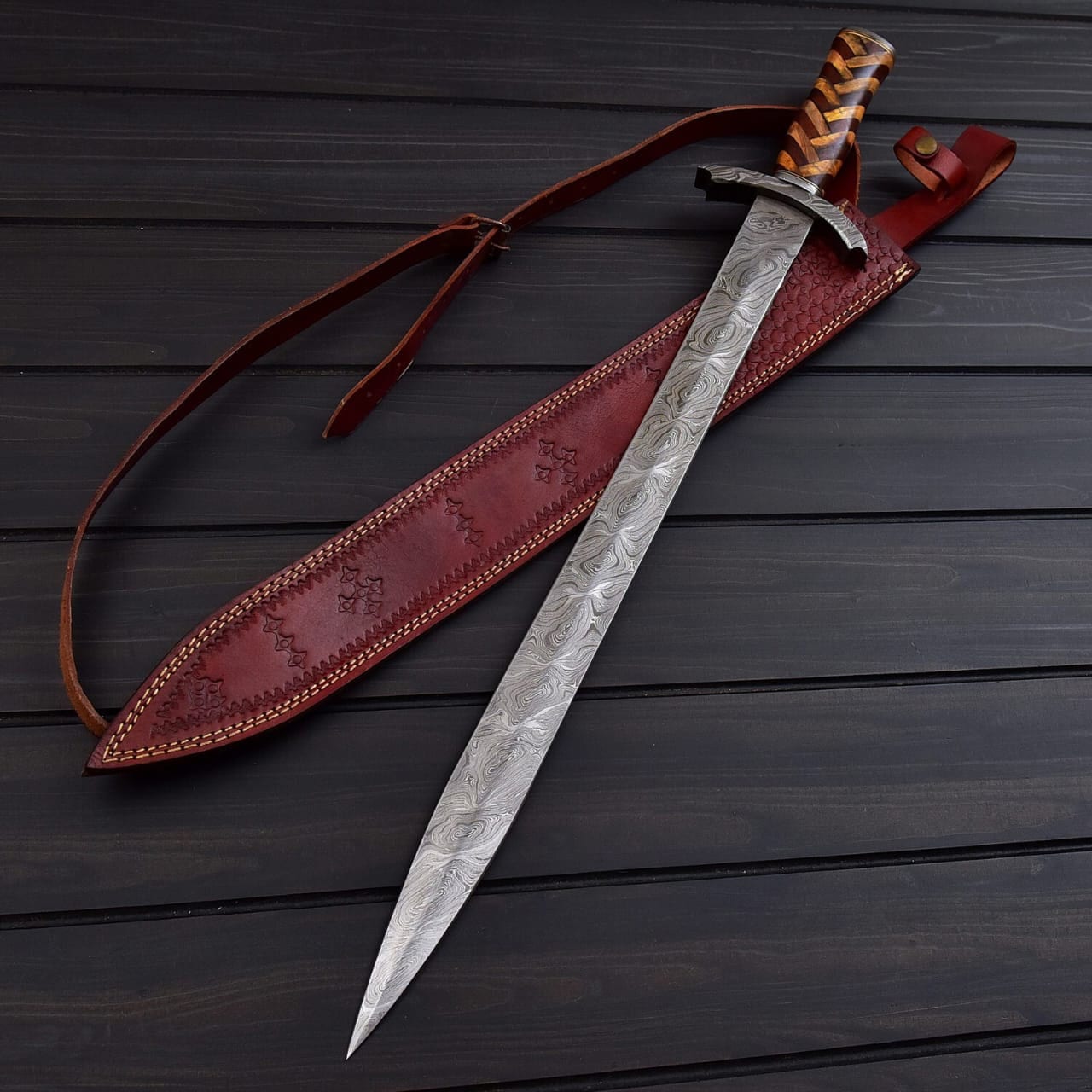 Real Medival Viking Damascus Sword Battle Ready Sword With Leather ...