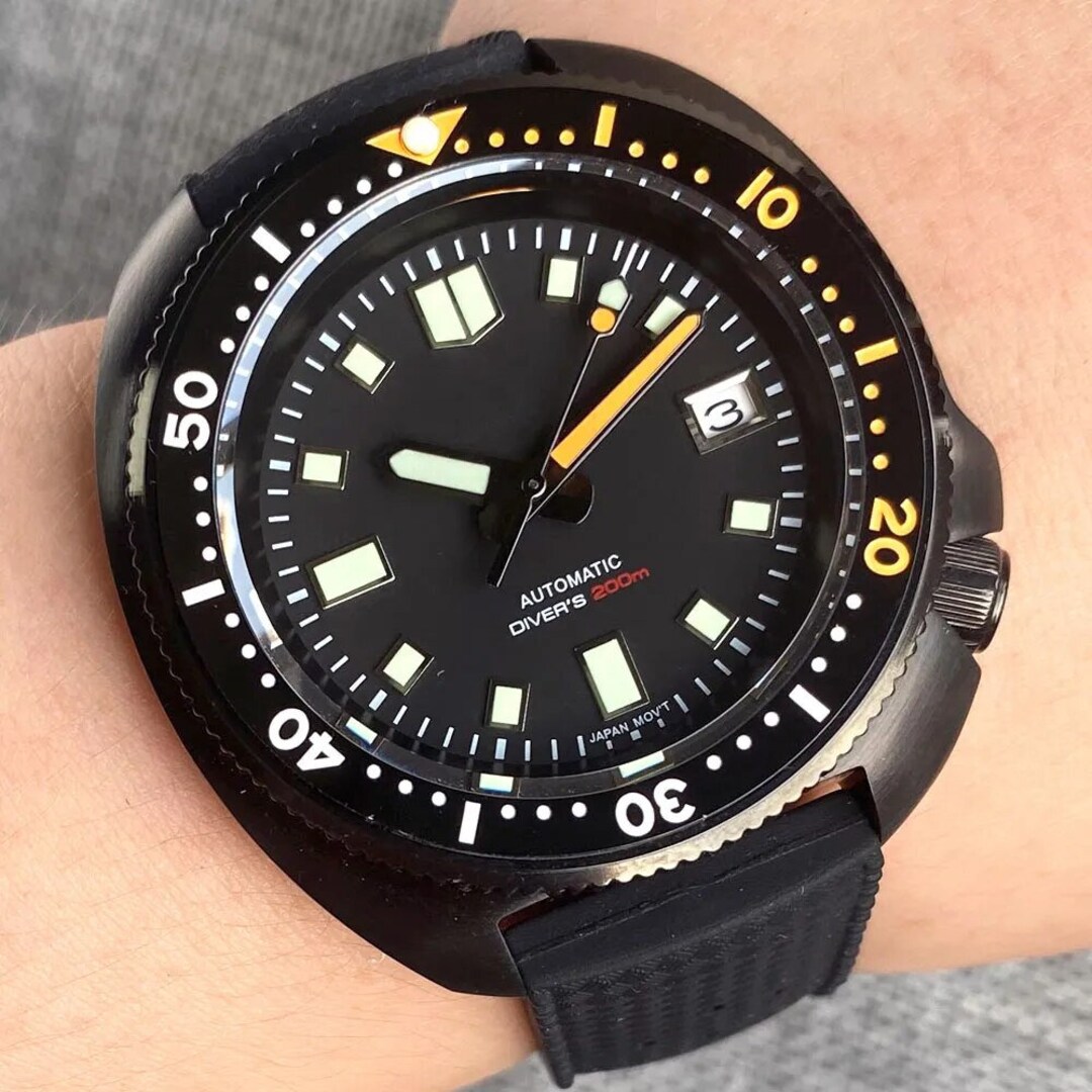 Turtle Homage Black PVD Case Black Dial and Blue/ Orange - Etsy