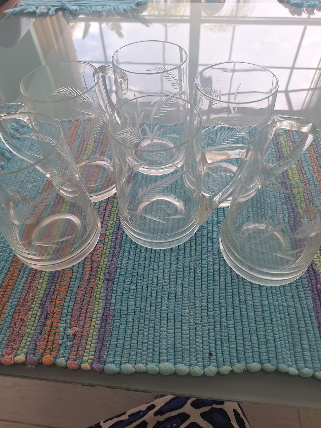 Set of 6 Beautiful Wheat Etched Pattern Clear Glass Mugs With Handles ...
