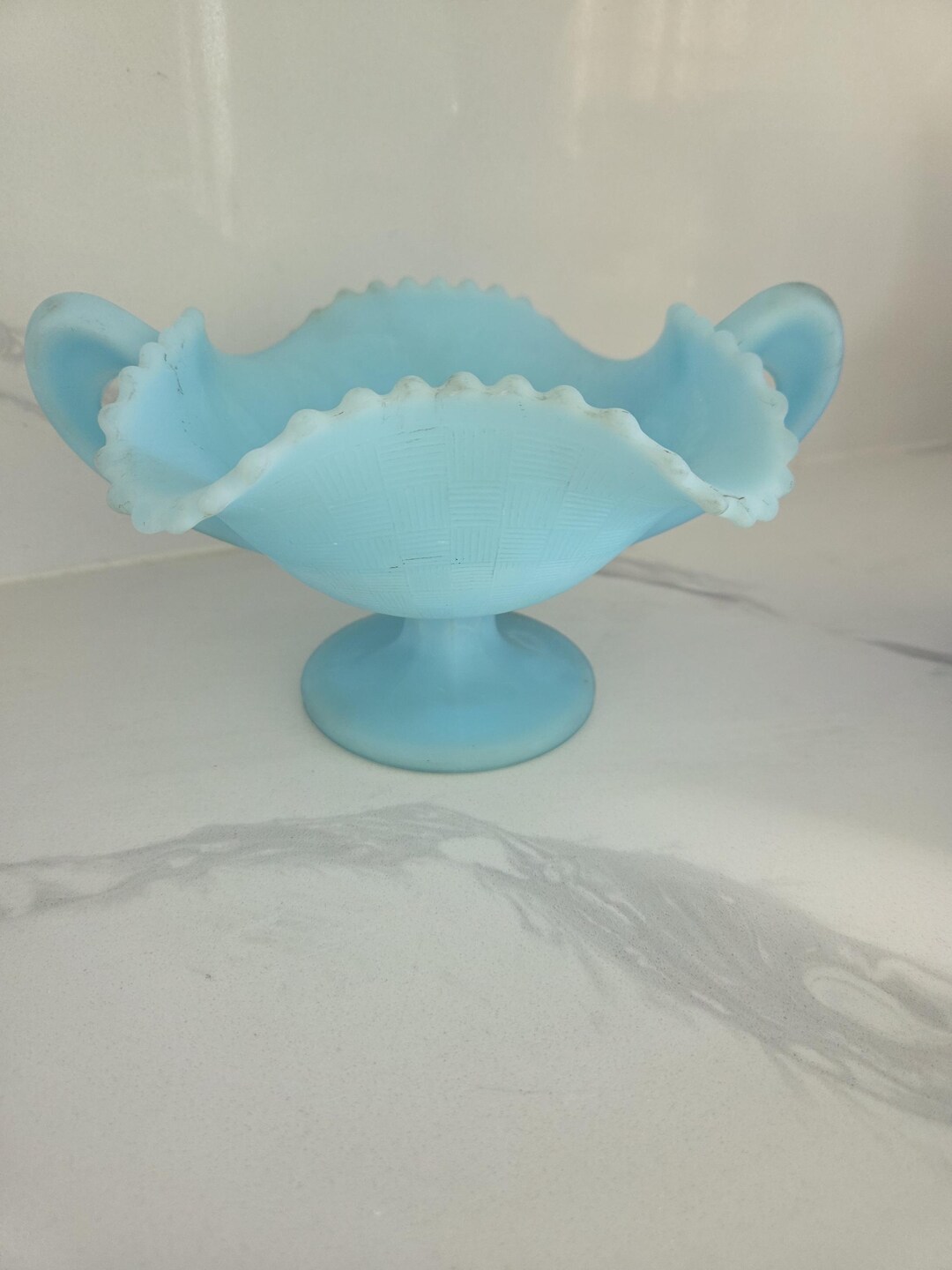 Fenton Vintage Ice Blue/aqua Satin Double Handled Pedestal Bowl Candy ...