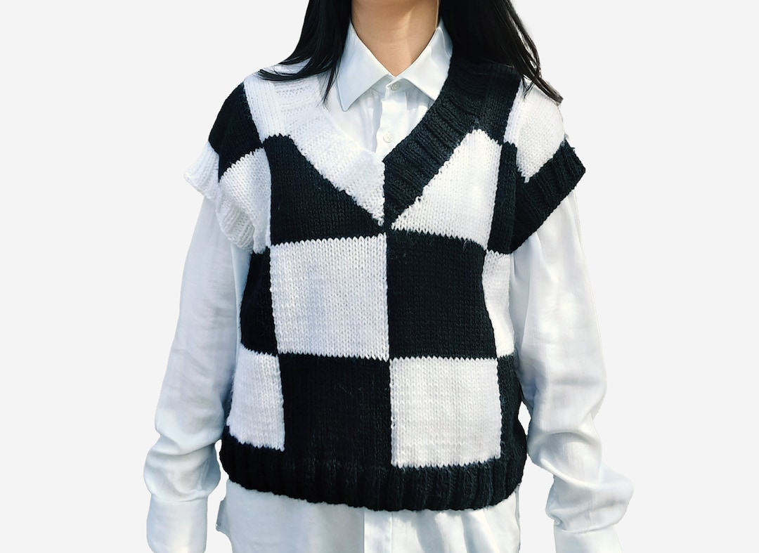 Wednesday Addams Jenna Vest Black and White Blocked Hand- Knitted ...