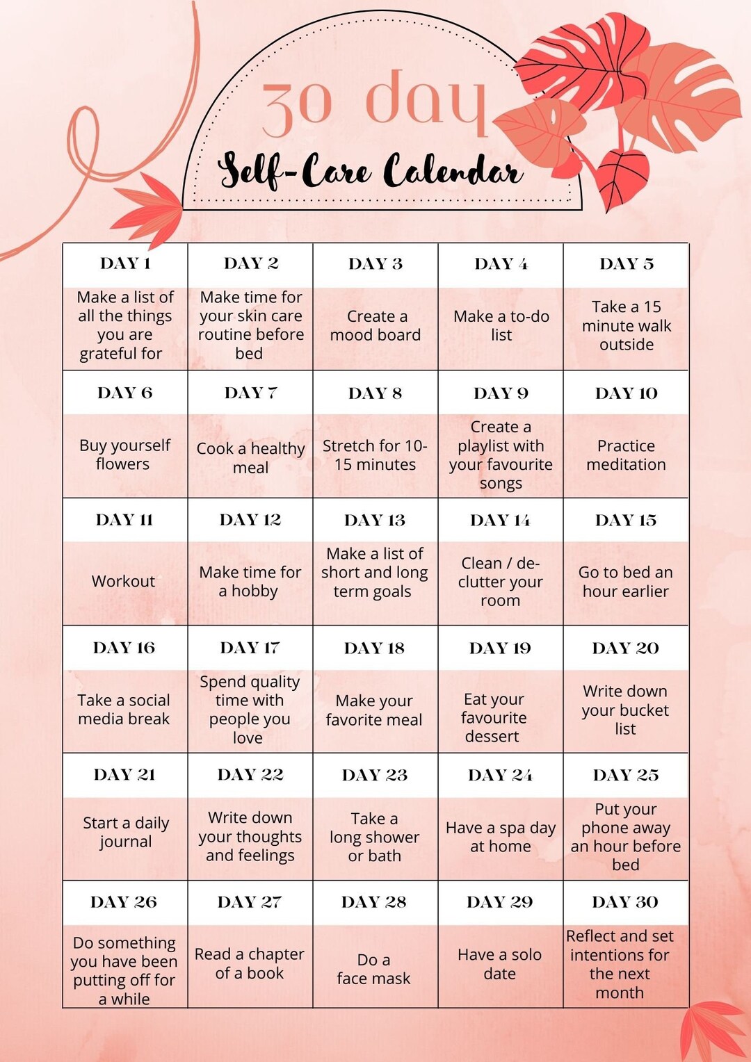 30 Self Care Calendar - Etsy