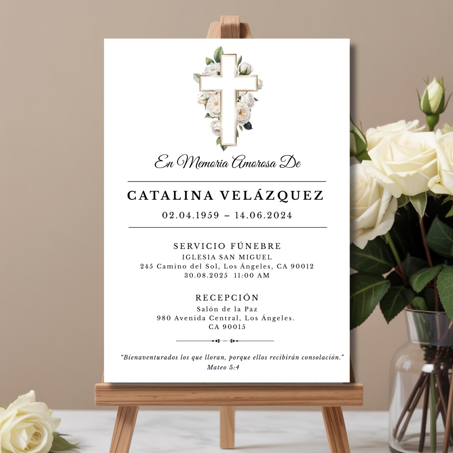 Spanish Funeral Invitation Canva Template | Minimalist Floral Cross ...