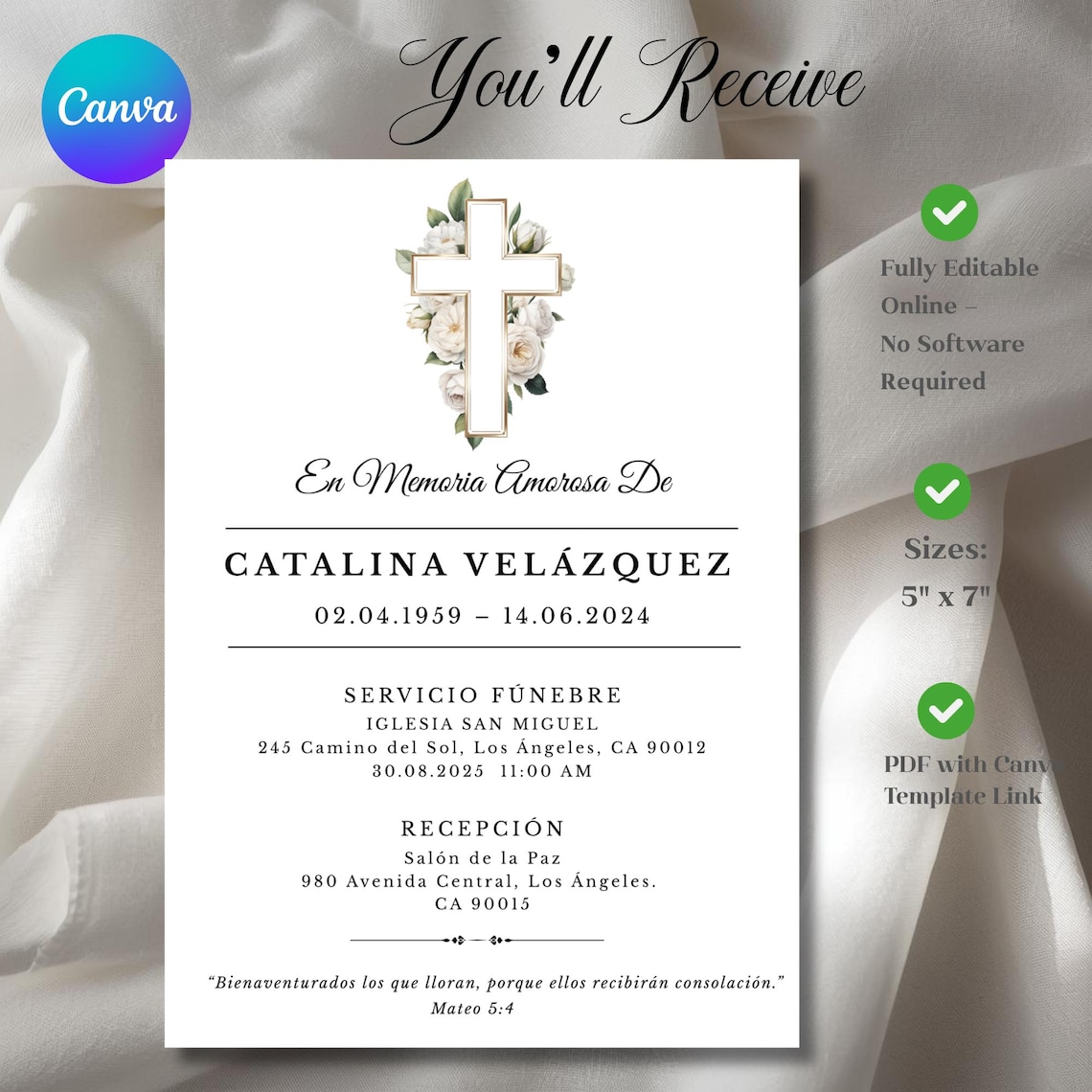 Spanish Funeral Invitation Canva Template | Minimalist Floral Cross ...
