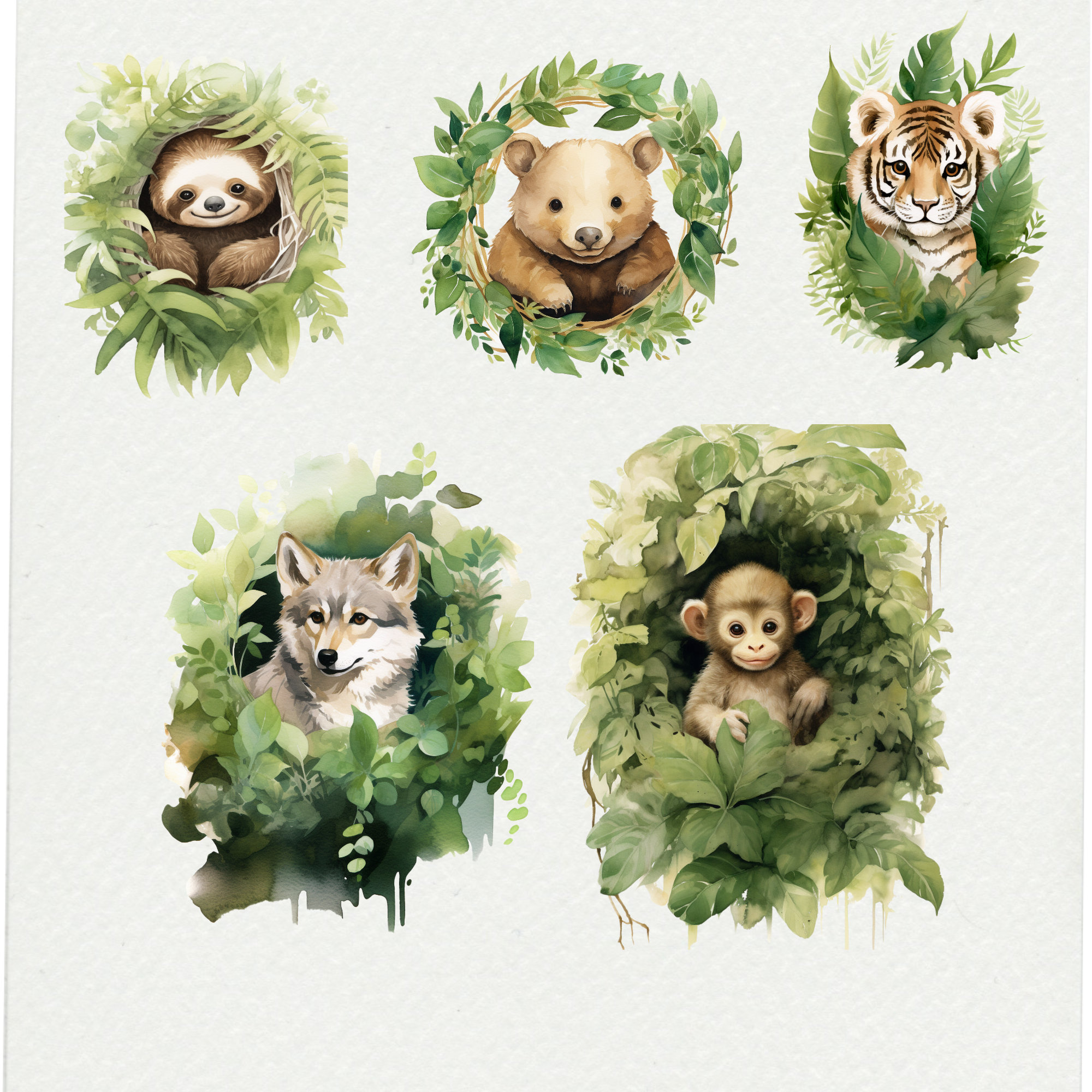 Watercolor Cute Animals in Leaves Cliparts, 32 PNG Files, Transparent ...