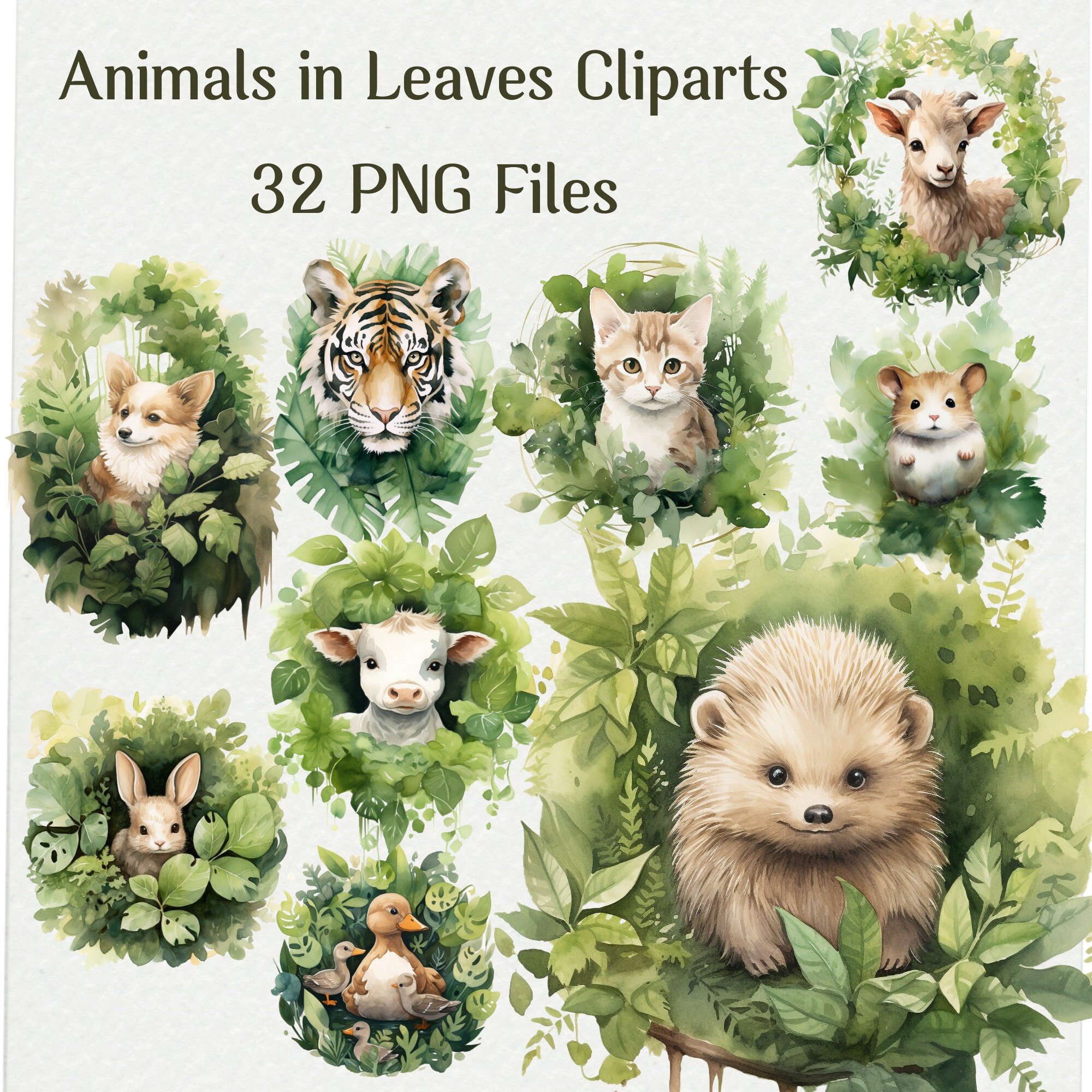 Watercolor Cute Animals in Leaves Cliparts, 32 PNG Files, Transparent ...
