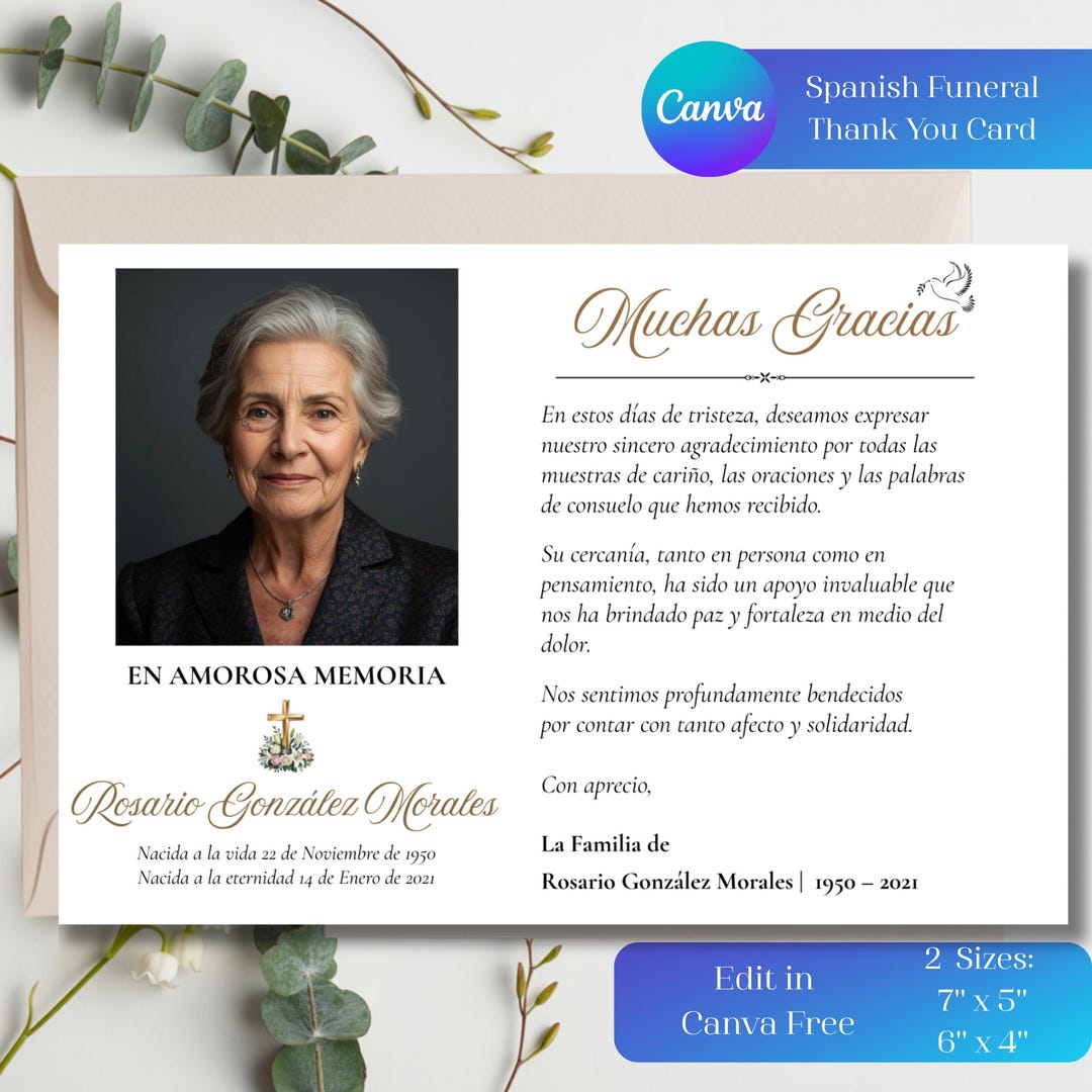 Editable Spanish Funeral Thank You Card Template | Tarjeta De ...