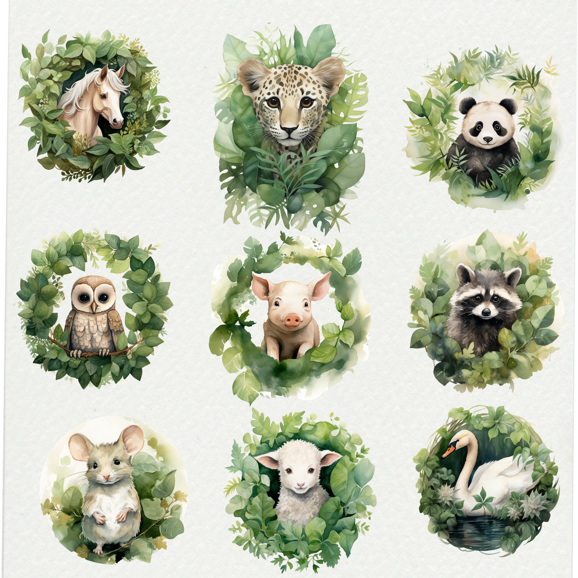 Watercolor Cute Animals in Leaves Cliparts, 32 PNG Files, Transparent ...