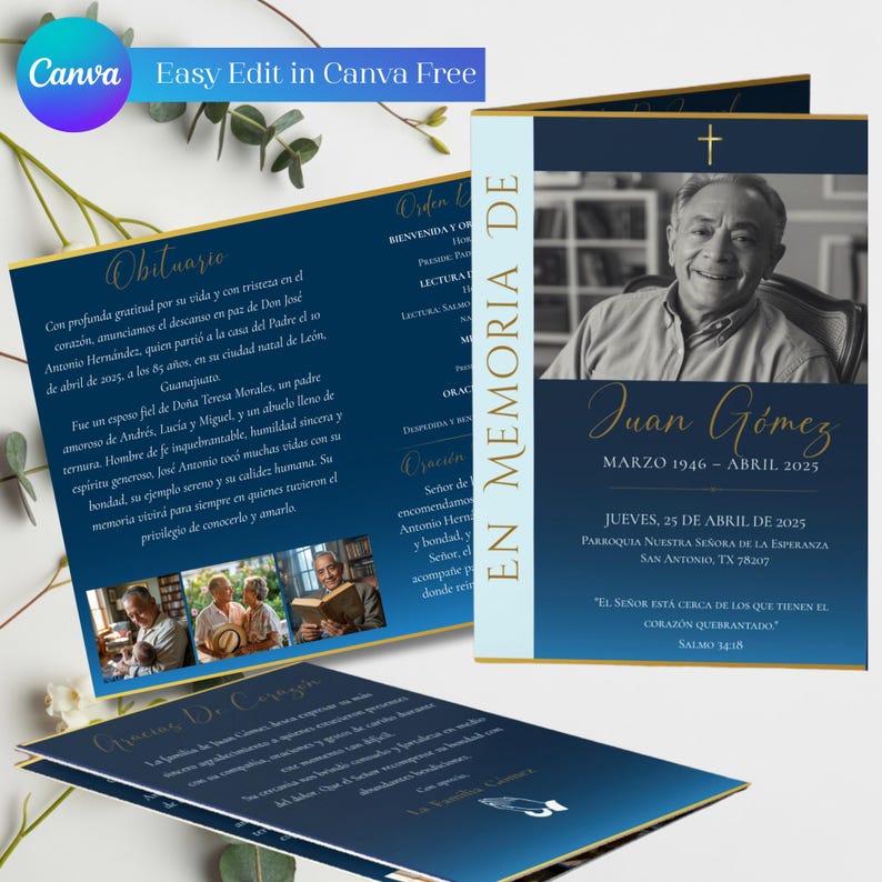 Spanish Funeral Program Template: Elegant Blue Catholic Memorial (canva ...