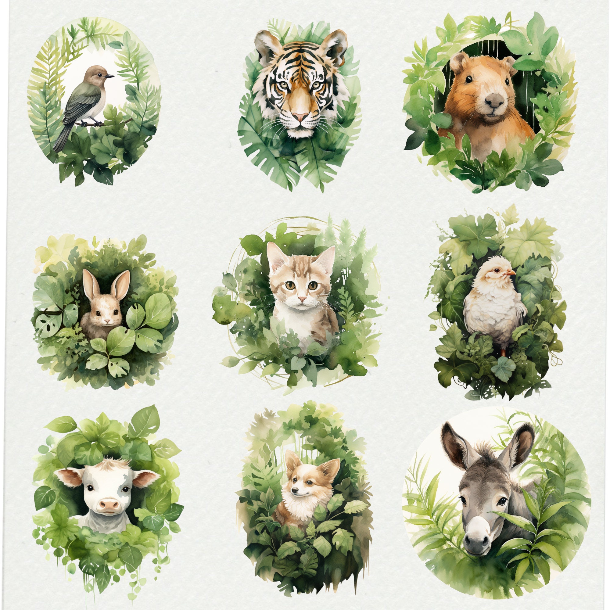 Watercolor Cute Animals in Leaves Cliparts, 32 PNG Files, Transparent ...