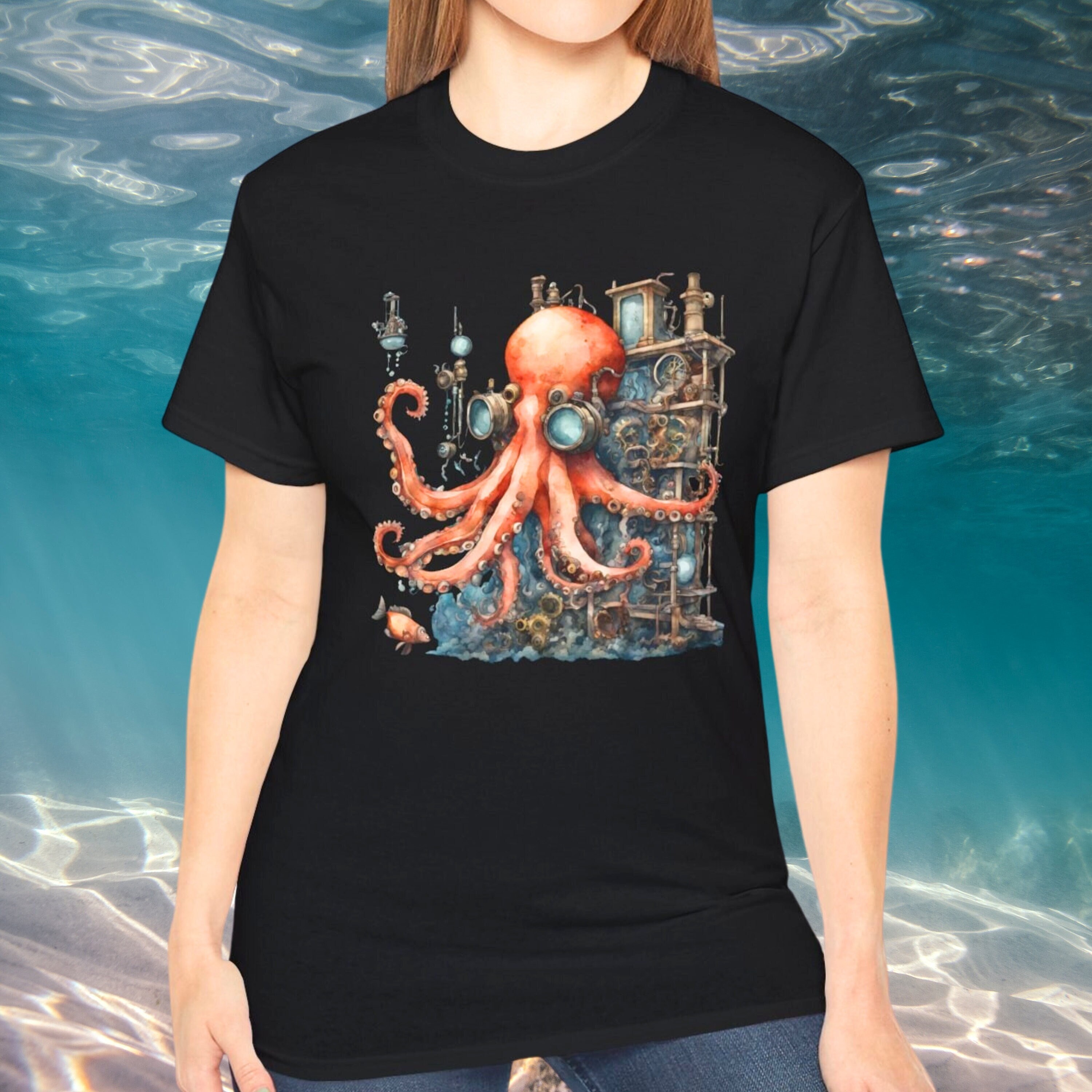 Steampunk Octopus Graphic T-shirt, Aquatic Theme Clothing, Under the ...