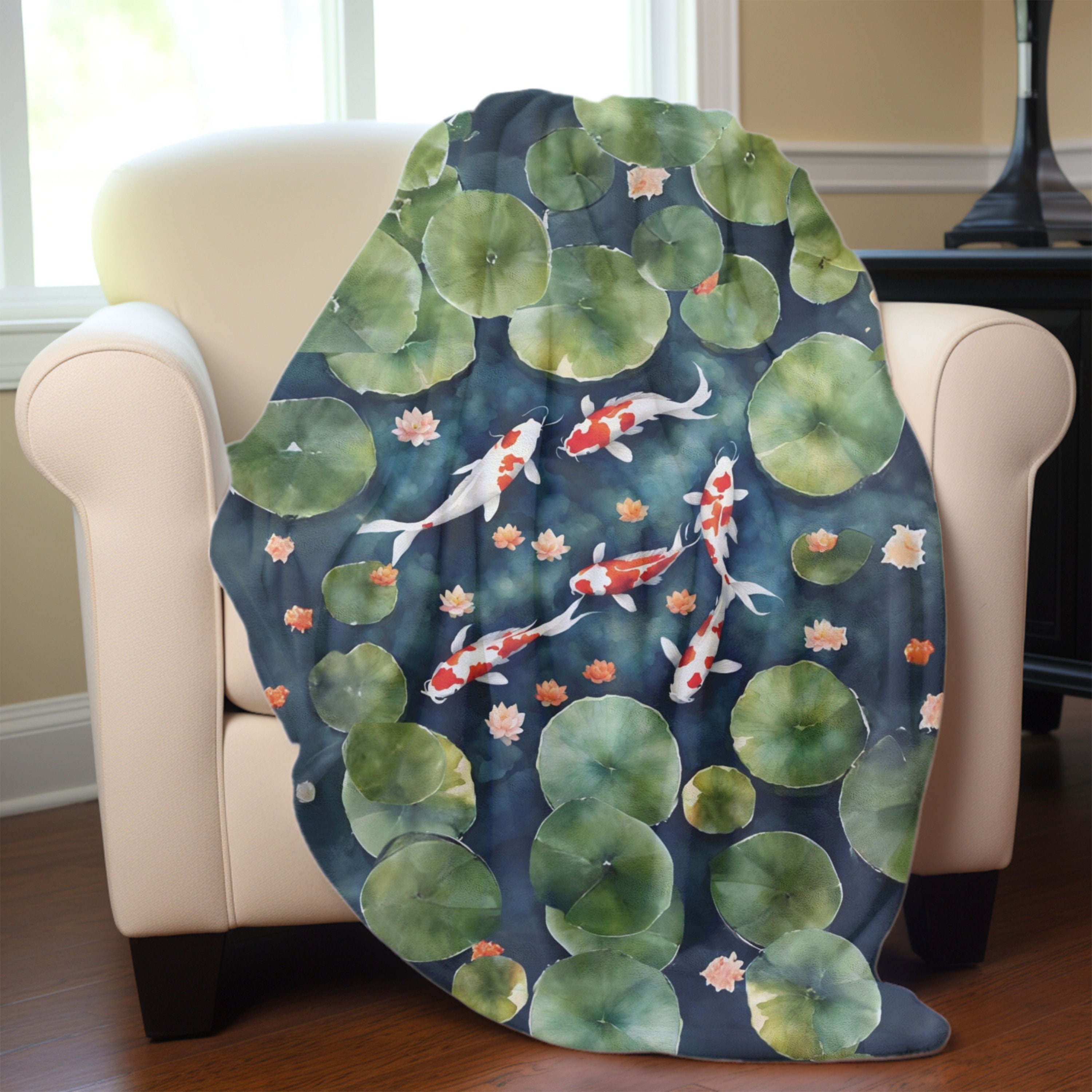 Cottagecore Decore Koi Pond Plush Blanket and Throw, Fish Theme Decor ...
