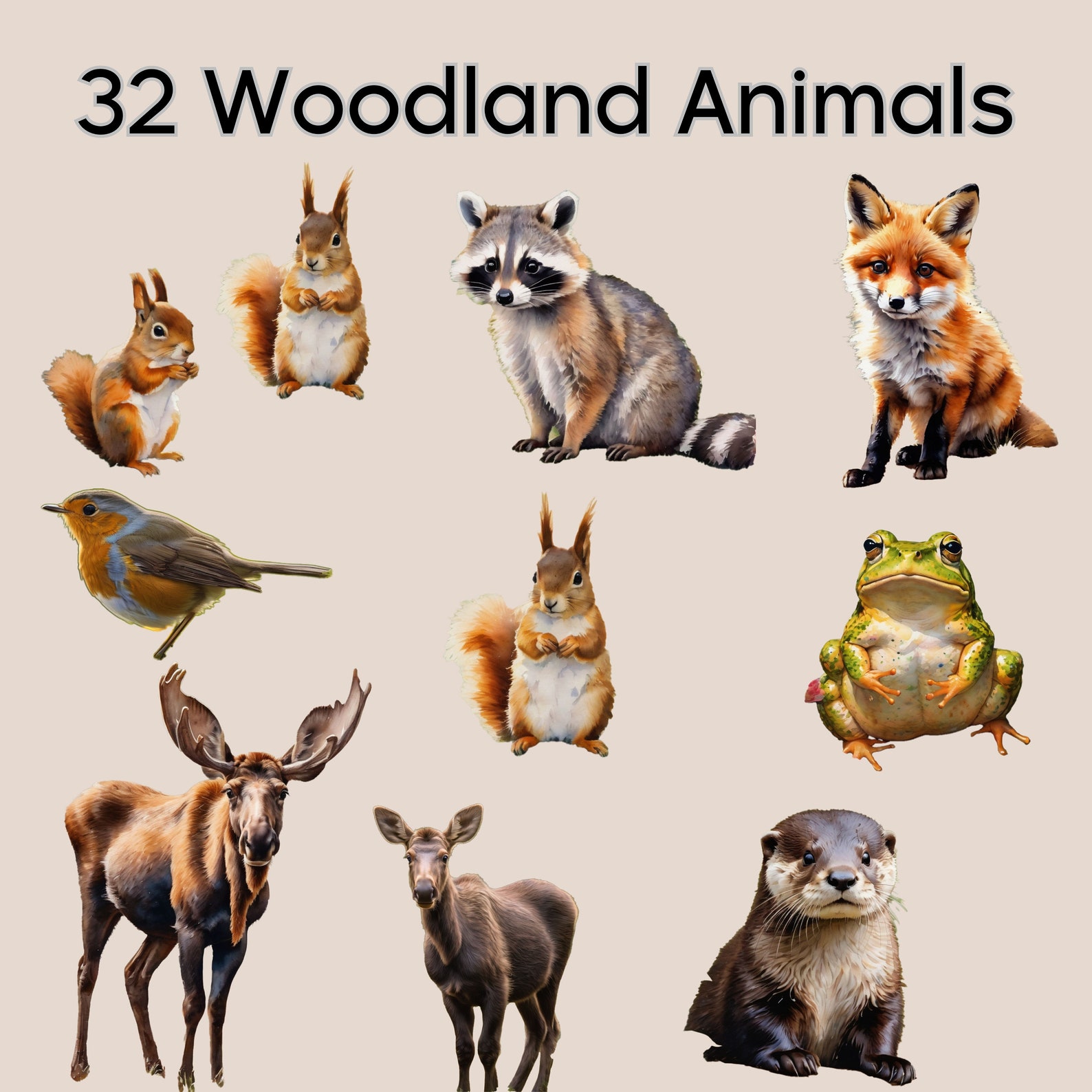 Whimsical Woodland Animals Clipart Watercolor, Clipart for Commercial ...