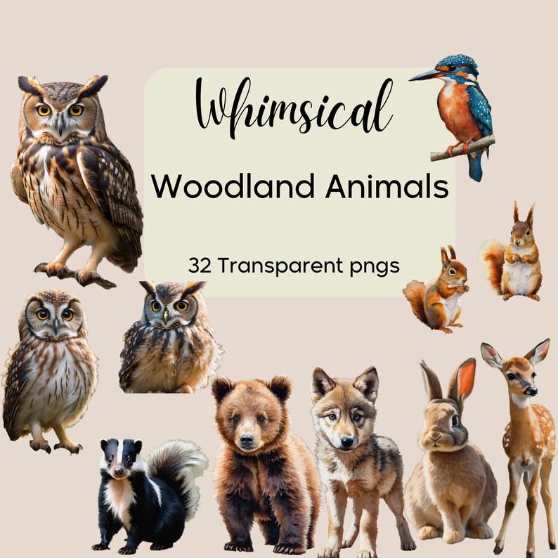 Whimsical Woodland Animals Clipart Watercolor, Clipart for Commercial ...