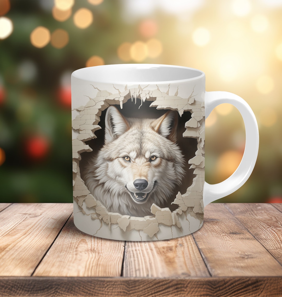 3D White Wolf in A Hole Mug Wrap 11oz & 15oz Mug Template Wolf Mug ...