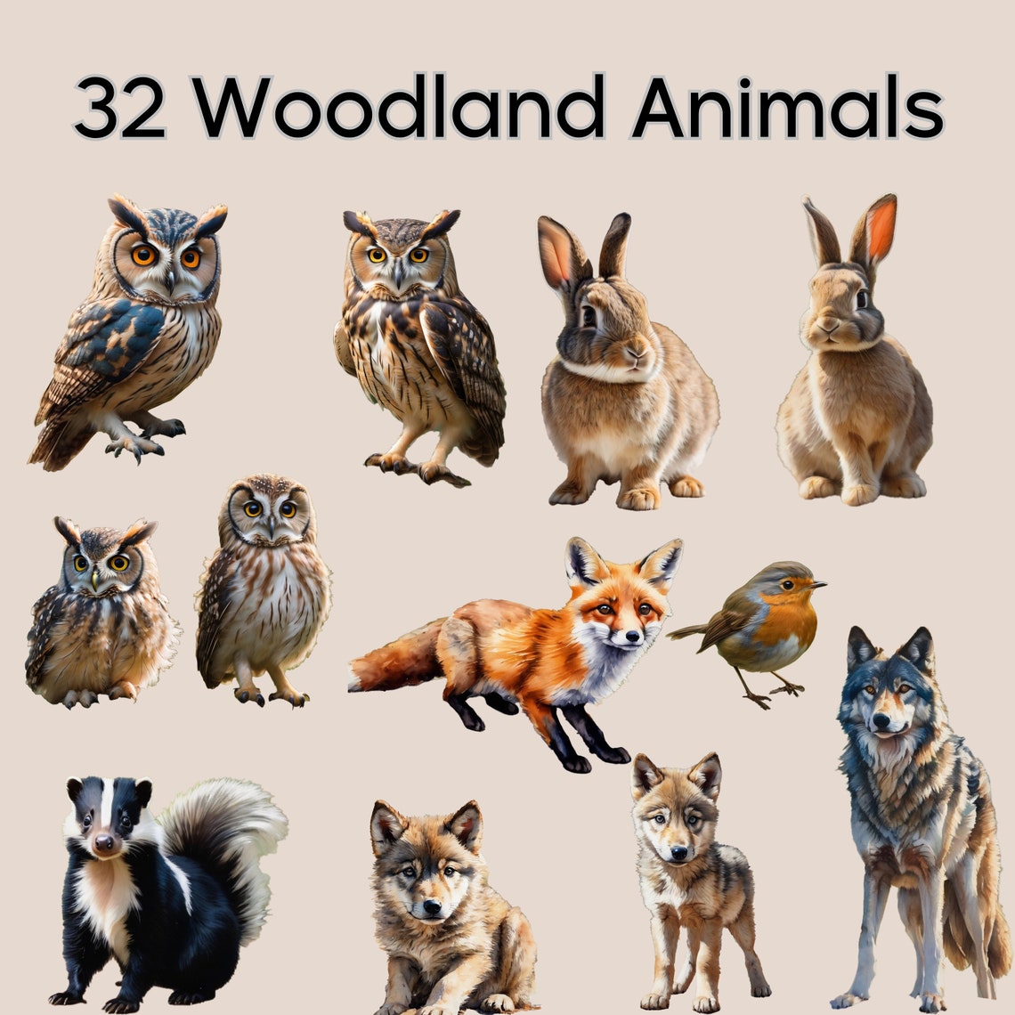 Whimsical Woodland Animals Clipart Watercolor, Clipart for Commercial ...