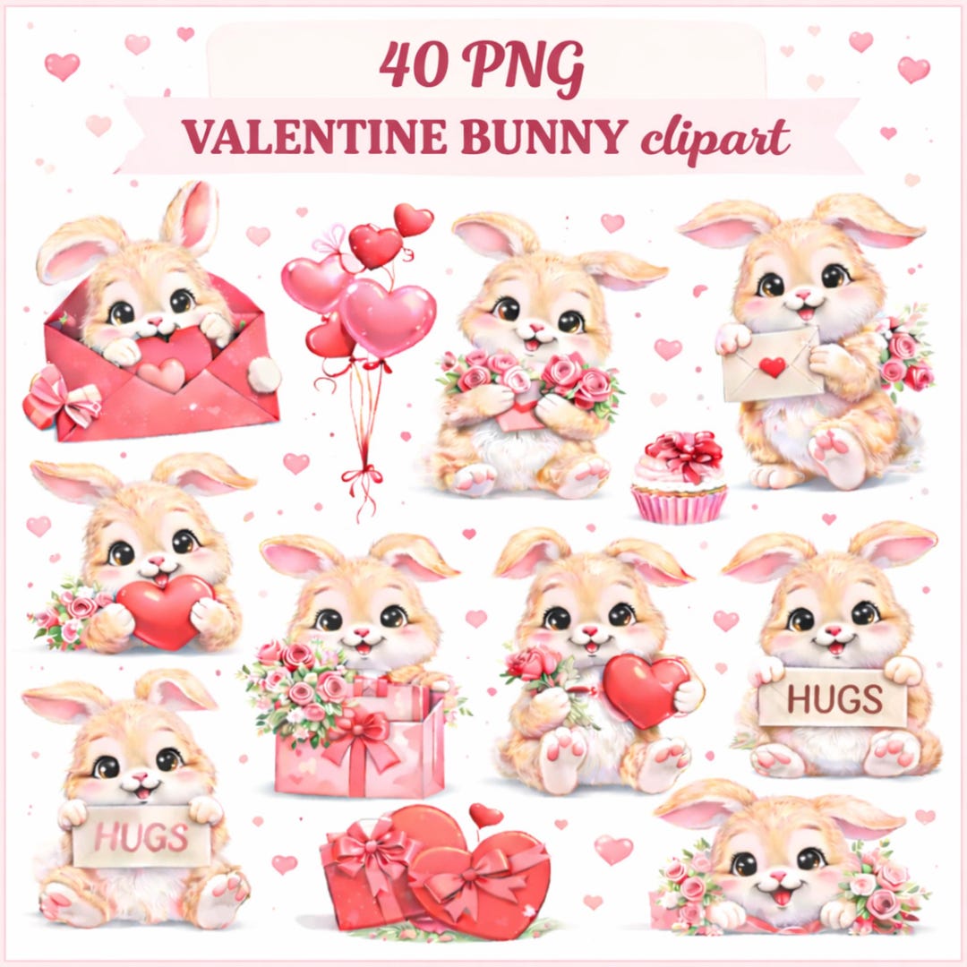 40 Valentine Bunny Clipart PNG Bundle – Kawaii Bunny Valentines ...
