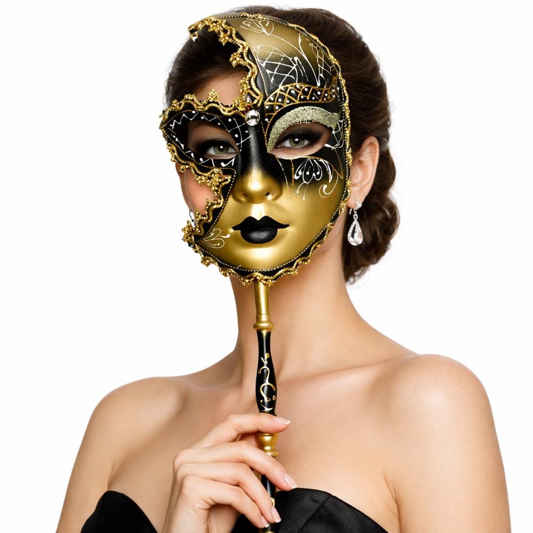 Venetian Masquerade Mask With Handle – Elegant Mardi Gras Carnival Mask ...