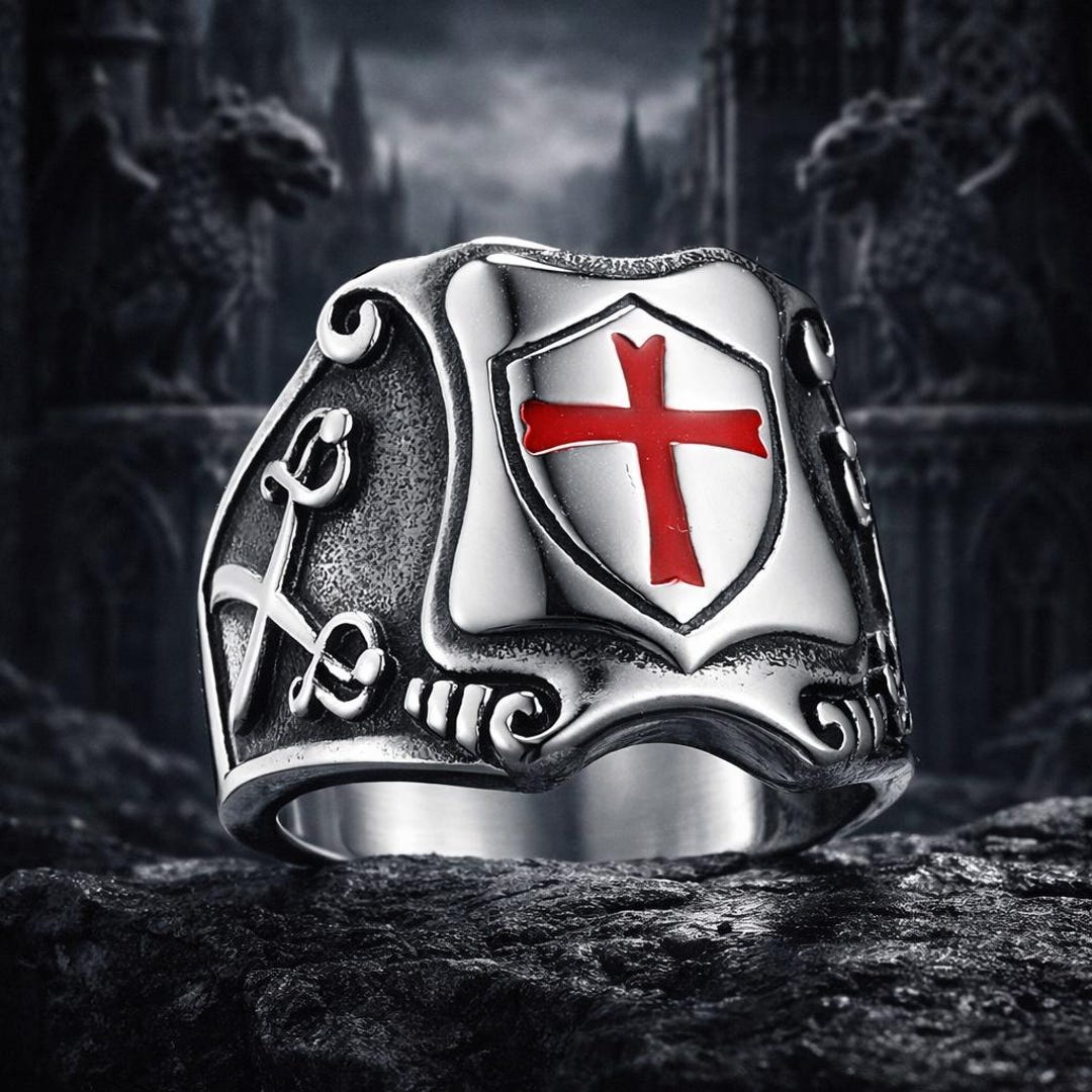 Gothic Crusader Red Cross Ring Men Stainless Steel Medieval Punk ...