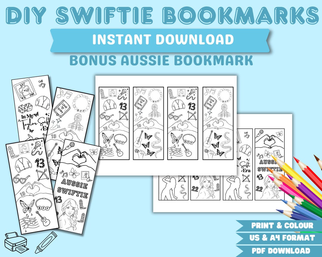 Swiftie DIY Bookmarks Party Printables, PDF Instant Download, Coloring ...