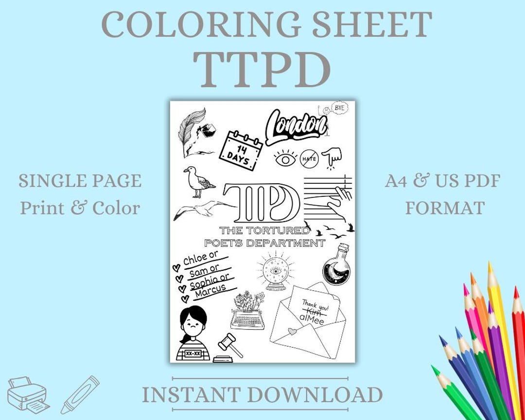 Single Page Printable Eras Tour Page TTPD Era , Swifty Color Sheet ...