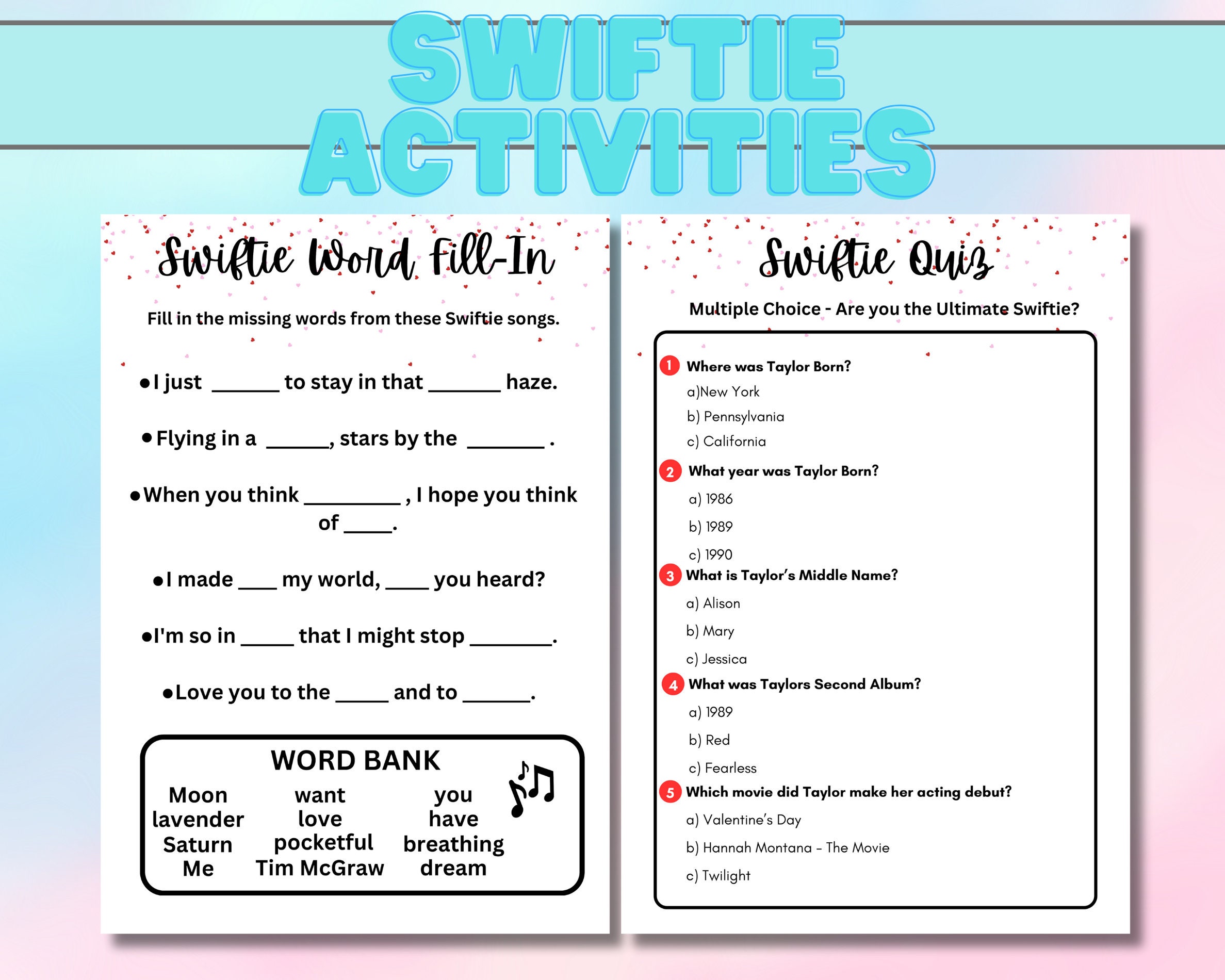 Swiftie Activities, Swift Party Games, Taylor Party Game Bundle, T ...