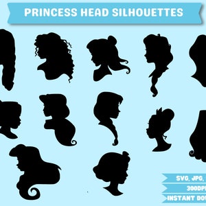 Bundle of Princess Head Silhouettes Svgs, Pngs, Jpgs, Ariel Svg, Belle ...