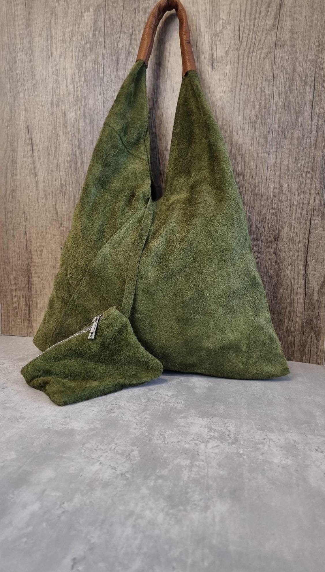 Real Suede Leather Hobo Bag: Olive Green Slouch Tote - Etsy