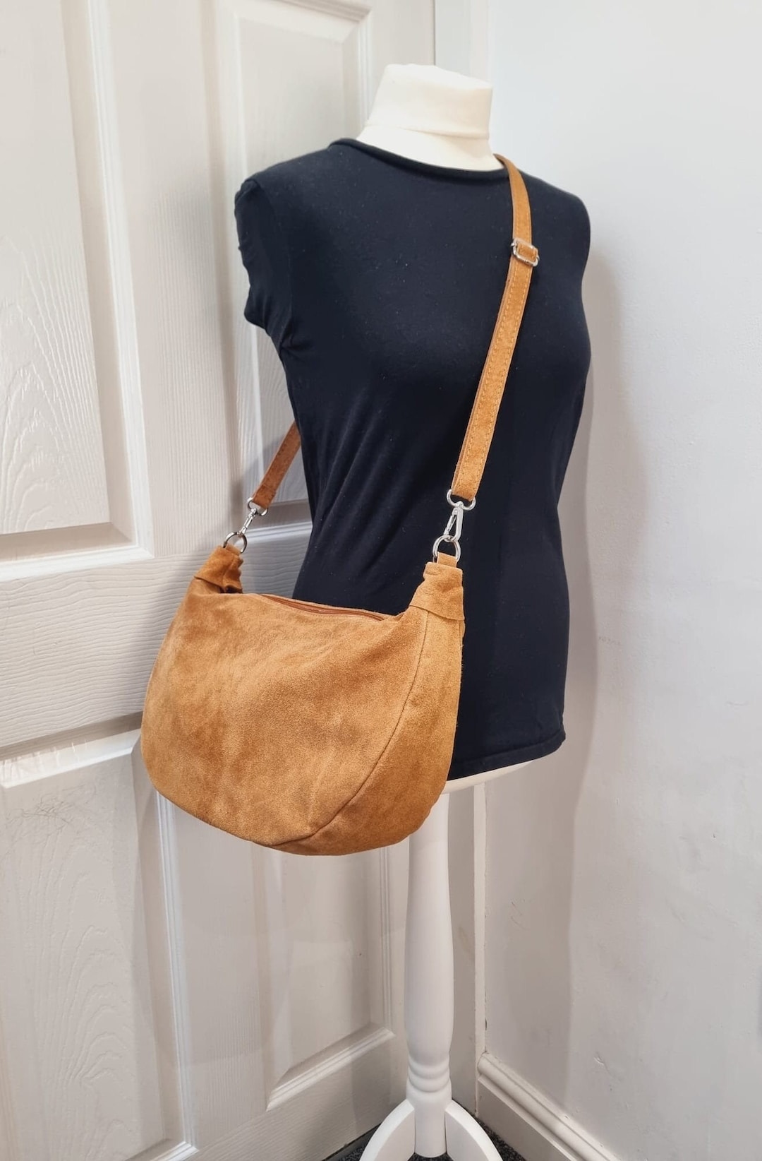 Large Half Moon Real Suede Leather Brown Crossbody Bag/ Suede Leather ...