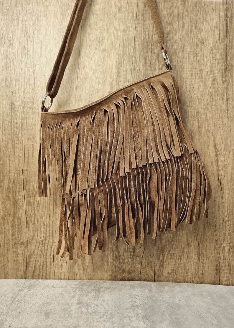 Soft Real Suede Leather Chocolate Fringe Tassel Crossbody Bag/ Suede ...
